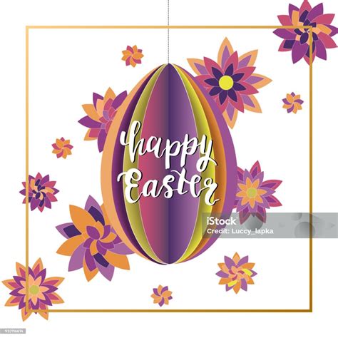 벡터 일러스트 레이 션 종이에 손으로 그린 레터링 문구 스타일을 잘라 계란과 꽃의 종이 접기 장식와 행복 한 부활절 인사 카드 개념에 대한 스톡 벡터 아트 및 기타 이미지