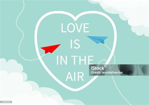 사랑은 공기 글자 텍스트입니다 레드 블루 비행 종이 접기 종이 비행기 하트 라인 프레임 구름 모서리에 점선 해피 발렌타인 데이