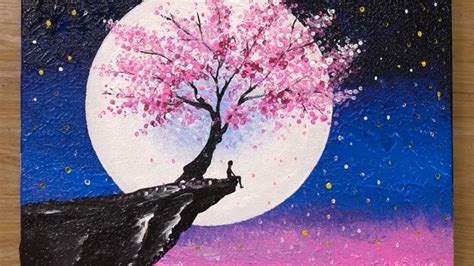Cherry Blossom Under Moonlight Acrylic Painting Technique 459 Youtube