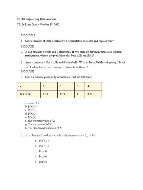 Es 209 Engineering Data Analysis Long Quiz Pdf Variance
