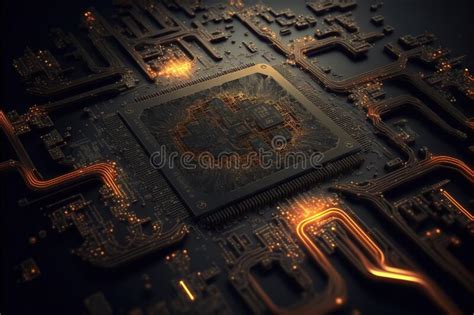 Processor Cpu Or Gpu Microchip On Dark Mother Board Stock Illustration