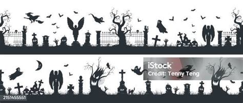 으스스한 할로윈 원활한 테두리 할로윈 소름 끼치는 묘지 장식 십자가 무서운 나무와 유령 평면 벡터 일러스트 레이 션 세트와 으스스한 무덤 돌 불길한 풍경 실루엣 벡터에 대한