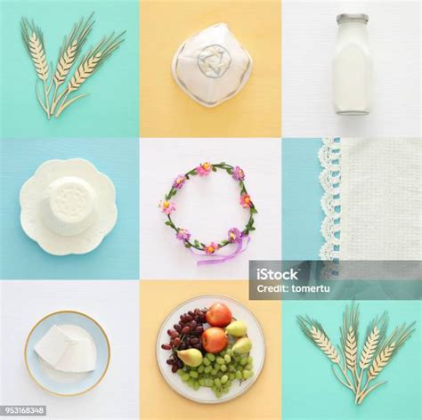유제품과 과일의 상위 뷰 합성 이미지 유태인 휴일오순절의 기호입니다 Shavuot에 대한 스톡 사진 및 기타 이미지 Shavuot 가정의 방 건강한 식생활 Istock