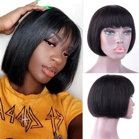 Short Straight Bob Human Hair Wigs With Bangs For Black Women Brazilian