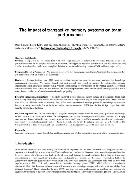 Pdf The Impact Of Transactive Memory Systems On Team Performance