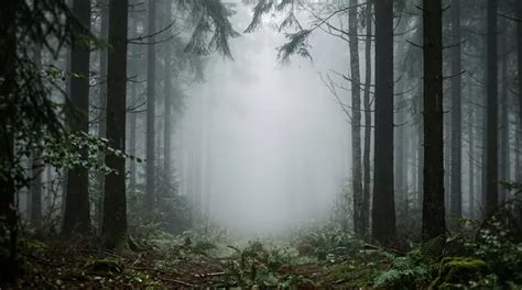 Misty Forest Path Through Tall Evergreen Trees Premium 2k Wallpaper