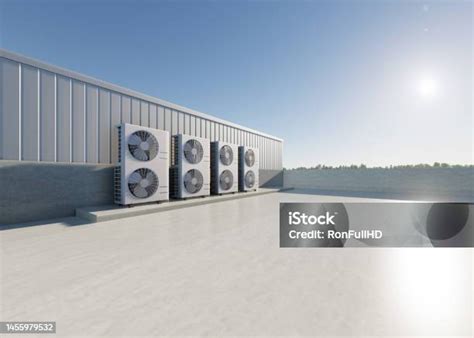 산업 플랜트 공장의 옥상에 있는 응축기 장치 또는 압축기의 3d 렌더링 Ac 또는 에어컨 Hvac 또는 난방 환기 및 에어컨