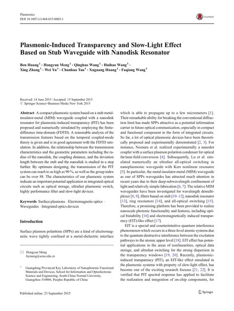 Pdf Plasmonic Induced Transparency And Slow Light Effect Based On