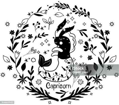흑백 염소자리 조디악은 나뭇잎 꽃 별의 화려한 화환에 있습니다 염소 자리 포스터 로고 카드에 적합합니다 점성술 염소 자리 조디악