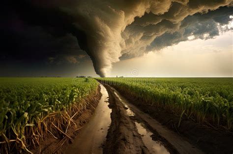 A Tornado Cloud Is Seen Over A Corn Field Generative Ai Image Stock Illustration
