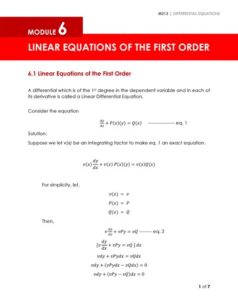Module 6 Linear Equations Of The First Order Linear Equations Of The First Order 6 Linear