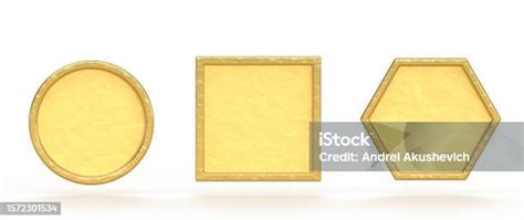 금판 빈 황금 이름 명판 3d 렌더링 아이콘 세트 금속 태그 또는 배지 원형 정사각형 및 육각형 프레임 흰색 배경에 분리된 게임 Ui 메뉴 또는 앱 그래픽 요소 0명에 대한