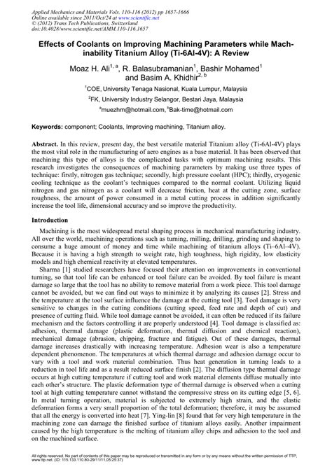 Pdf Effects Of Coolants On Improving Machining Parameters While Mach Inability Titanium Alloy