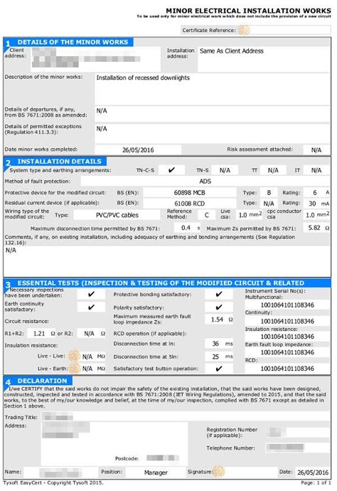 Electrical Minor Works Certificate Template