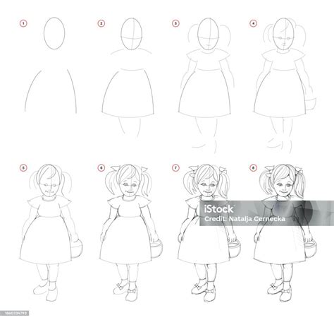단계별 연필 드로잉 생성 페이지는 상상의 귀여운 소녀의 그리기 스케치를 배우는 방법을 보여줍니다 예술적 능력을 개발하기 위한 학교 교과서 손으로 그린 벡터 이미지입니다