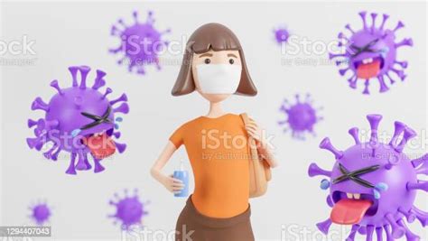 의료용 마스크를 쓰고 귀여운 보라색 콜로나 바이러스 캐릭터로 둘러싸인 손 씻기 알코올 젤을 들고 있는 한 젊은 여성이 흰색 배경에서 울고 있습니다 3d 모델과 일러스트레이션