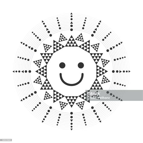 검은 귀여운 만화 세부 삼각형 스타일 태양 이모티콘 아이콘은 웃는 얼굴과 흰색 배경에 광선을 가지고 있습니다 개념에 대한 스톡 벡터 아트 및 기타 이미지 Istock