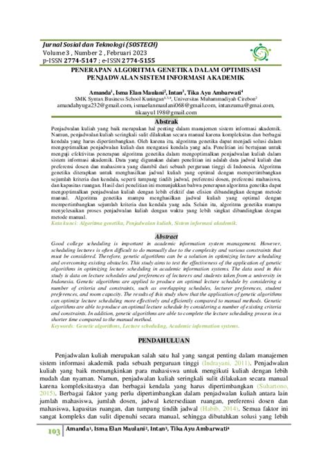 Pdf Penerapan Algoritma Genetika Dalam Optimisasi Penjadwalan Sistem Informasi Akademik