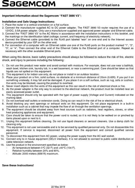 SAGEMCOM BROANDS FAST3890V3 Docsis 3 1 Voice Gateway User Manual