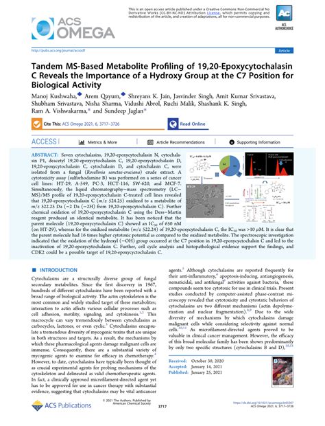 Pdf Tandem Ms Based Metabolite Profiling Of 1920 Epoxycytochalasin C