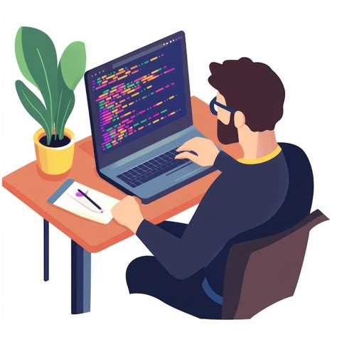 Man Coding On His Laptop At His Desk With A Plant And A Notepad Premium AI Generated Image