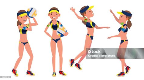 여자 비치 발리 볼 선수 벡터입니다 프로 선수입니다 다른 위치에 있는 선수 Sportswoman 게임입니다 플랫 만화 일러스트 레이 션 발리 슛 스포츠에 대한 스톡 벡터