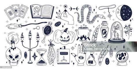 난해한 요술 할로윈 패치 마법의 휴일 요소 무시무시한 신비로운 스티커 뱀 거미 호박 칼 벡터 기호 일러스트 레이 션 세트 낙서 할로윈 컬렉션 책에 대한 스톡 벡터 아트 및