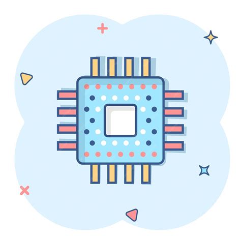만화 스타일의 컴퓨터 Cpu 아이콘 회로 보드 만화 벡터 일러스트 레이 션 흰색 절연 배경 마더보드 칩 스플래시 효과 비즈니스