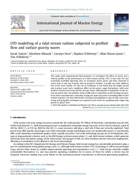 Pdf Cfd Modelling Of A Tidal Stream Turbine Subjected To Profiled