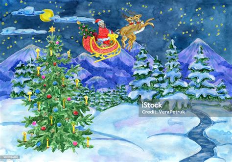 하늘에 눈 숲에 대 한 장식 된 전나무 트리 산타와 겨울 크리스마스 일러스트 크리스마스에 대한 스톡 벡터 아트 및 기타 이미지 크리스마스 수채화 그림 그리기 Istock