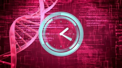 Animation Of Digital Clock Dna Helix Over Computer Language Against