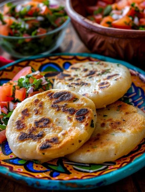 Pupusas Salvadoreñas En Un Plato Colorido Con Un Lado De Curtido Y