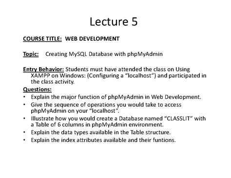 Lecture 5 My Sql Database Lecture 5 Course Title Web Development