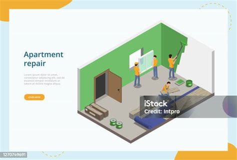 아파트 수리 및 유지 보수 서비스 개념 수리공 팀이 하우스 리노베이션 작업을 제작합니다 벽을 그리는 빌더 창과 바닥 수리를 만들기 3d 이소메트릭 벡터 일러스트레이션