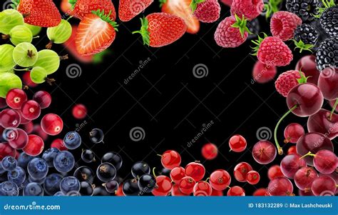 Frame Made Of Different Flying Forest Berries On Black Background Stock