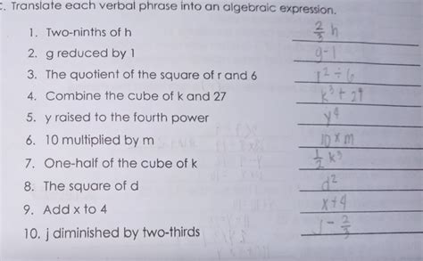 solved translate each verbal phrase into an algebraic expression 1 two ninths of h 2 g re