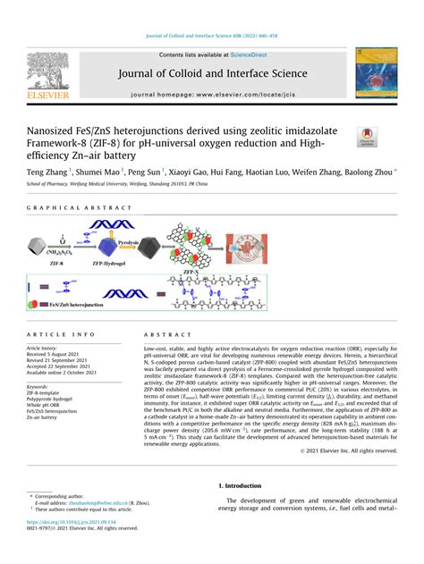Pdf Nanosized Fes Zns Heterojunctions Derived Using Zeolitic Imidazolate Framework 8 Zif 8