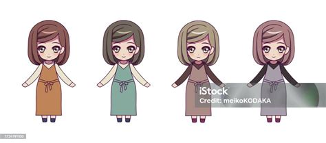 Anime Style Girls Character Illustration Set Stock Illustration