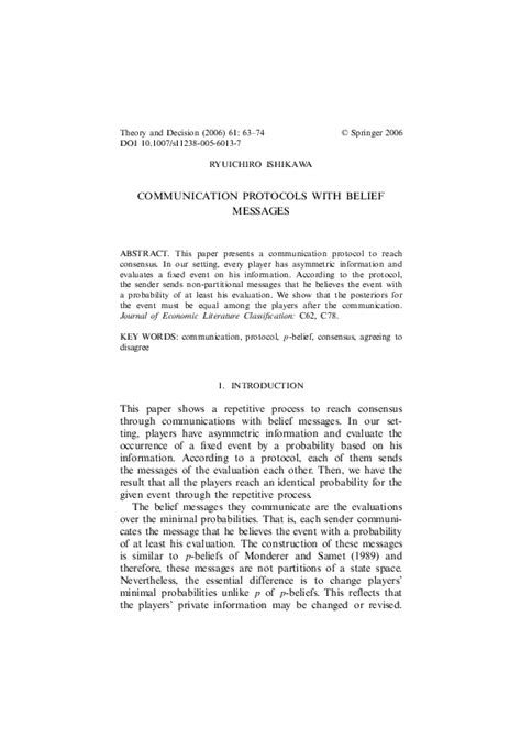 Pdf Communication Protocols With Belief Messages Ryuichiro Ishikawa