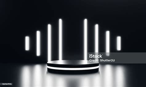 현대 제품은 흰색 빛나는 빛 네온 배경으로 공상 과학 연단을 보여줍니다 기술 및 개체 개념 3d 일러스트 렌더링 0명에 대한 스톡 사진 및 기타 이미지 Istock