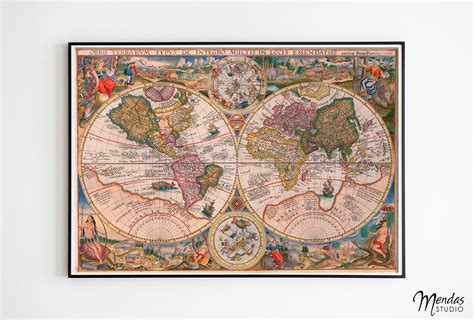 1594 Double Hemisphere Old World Map Poster Map Handmade Scroll 1594