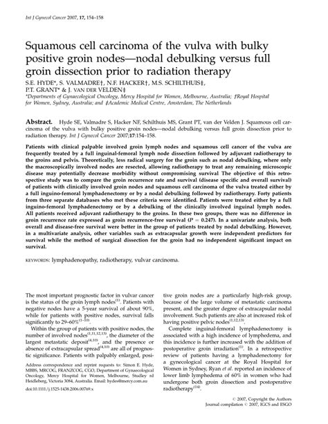 Pdf Squamous Cell Carcinoma Of The Vulva With Bulky Positive Groin Nodes Nodal Debulking