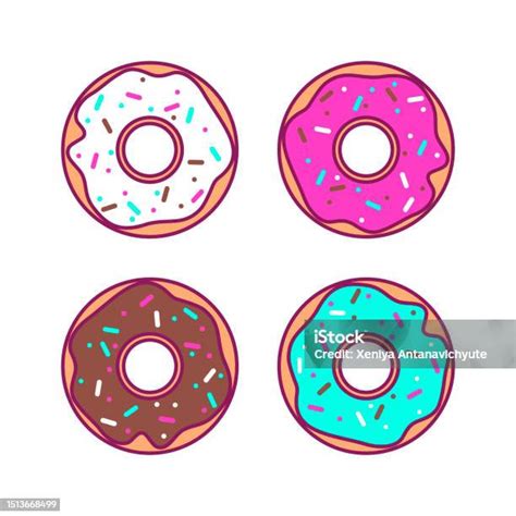 다채로운 만화 도넛 세트 벡터 그림 다양한 맛과 디자인의 만화 스타일 도넛 세트를 특징으로 하는 생생하고 유쾌한 벡터 일러스트레이션 개체 그룹에 대한 스톡 벡터 아트 및