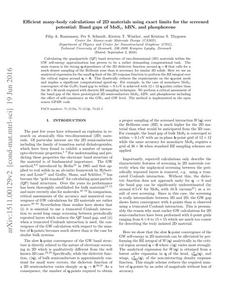 Pdf Efficient Gw Calculations On Two Dimensional Materials Using