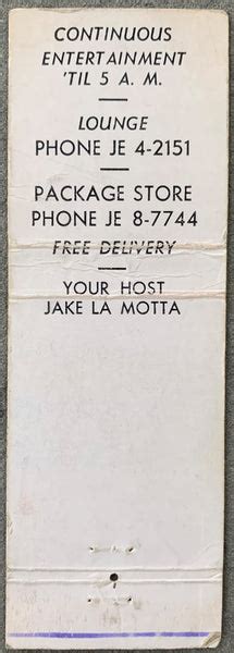 Lamotta Jake Lounge And Package Store Matchbook 1950s Jo Sports Inc