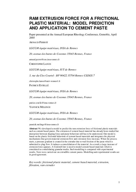 Pdf Ram Extrusion Force For A Frictional Plastic Material Model