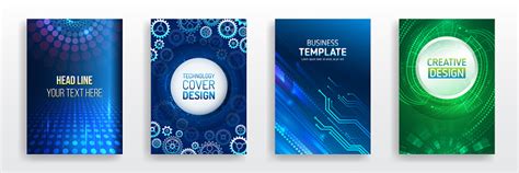 하이테크 기업 문서 표지 디자인 프리젠테이션과 마케팅을 위한 하이테크 커버의 파란색 세트 의료 과학 컴퓨터 전단지 브로셔 및 웨비나 페이지를 위한 미래 지향적인 디자인 0
