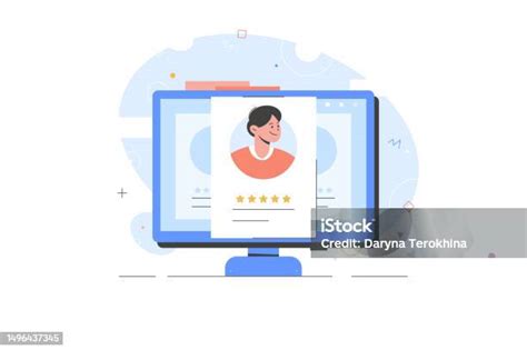 컴퓨터 화면의 등급에 따라 회사에 대한 직원을 검색합니다 웹 페이지 벡터 일러스트레이션을 통해 검색 취업 면접 온라인 이력서 직원 평가 Hr 디지털 화면에 대한 스톡 벡터