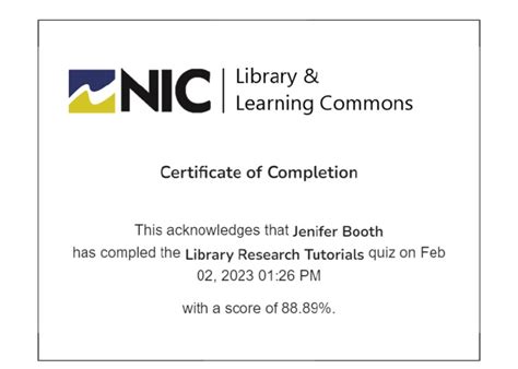 Certificate Of Completion Library Research Tutorial Final Quiz Pdf