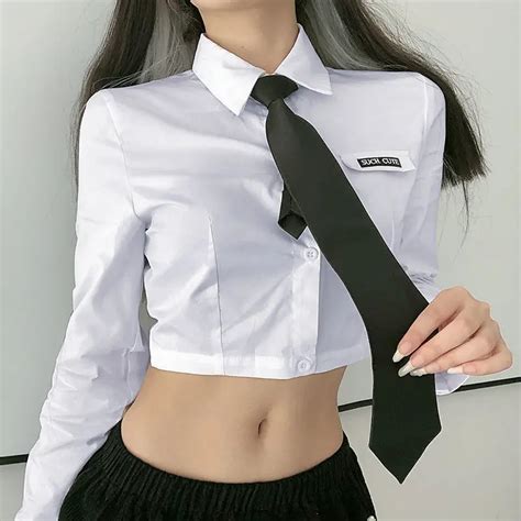 Deeptown 화이트 여성 블라우스 하라주쿠 일본식 섹시한 크롭트 탑 프레피 긴 소매 셔츠 넥타이 한국 패션 세련된 JK AliExpress